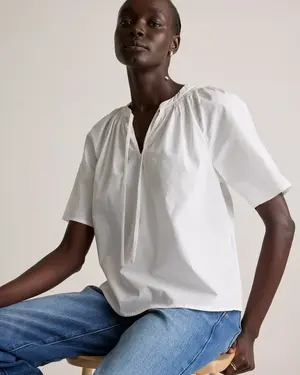 Quince Poplin Split Neck Top - Classic White