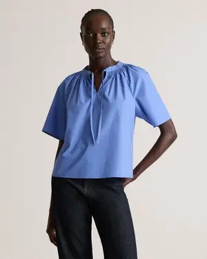 Quince Poplin Split Neck Top - True Blue