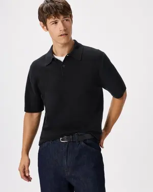 Quince Cashmere Short Sleeve Polo Sweater - Black