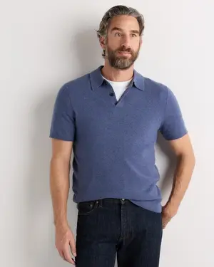 Quince Cashmere Short Sleeve Polo Sweater - Heather Storm Blue