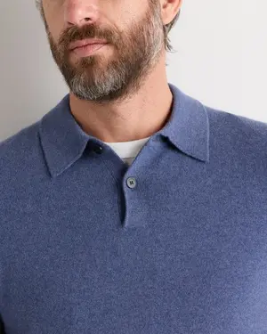 Quince Cashmere Short Sleeve Polo Sweater - Heather Storm Blue