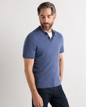 Quince Cashmere Short Sleeve Polo Sweater - Heather Storm Blue