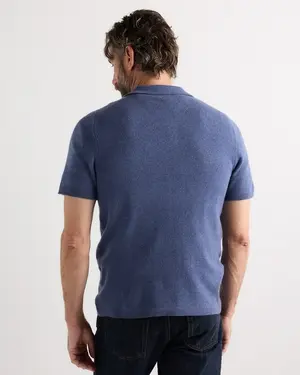 Quince Cashmere Short Sleeve Polo Sweater - Heather Storm Blue