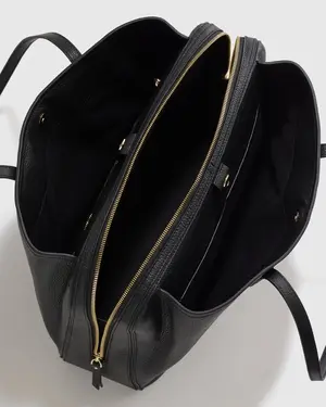 Quince Italian Leather Triple Compartment Work Tote - Black