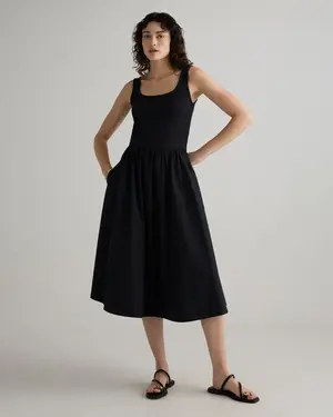 Quince Quince Cotton Mixed Media Fit And Flare Dress Black