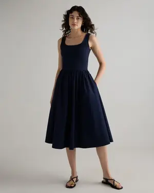 Quince Cotton Mixed Media Fit And Flare Dress - Navy