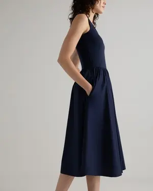 Quince Cotton Mixed Media Fit And Flare Dress - Navy