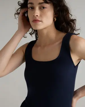 Quince Cotton Mixed Media Fit And Flare Dress - Navy