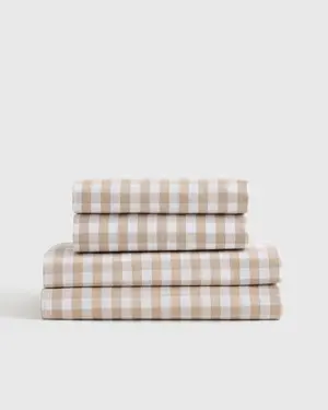 Quince Organic Crisp Percale Gingham Sheet Set - Cafe