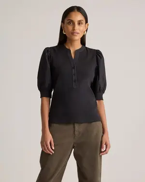 Quince Cotton Mixed Media Puff Sleeve Top - Black