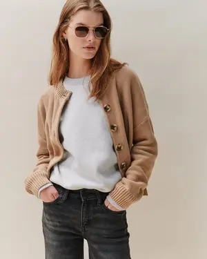 Quince Cropped Organic Cotton Cardigan Sweater Camel