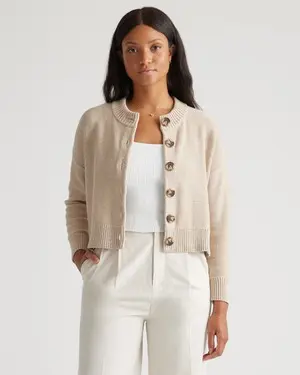 Quince Cropped Organic Cotton Cardigan Sweater - Cement Marl