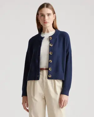 Quince Cropped Organic Cotton Cardigan Sweater Navy