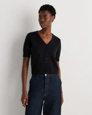Quince Cashmere Short Sleeve Cardigan Sweater - Black