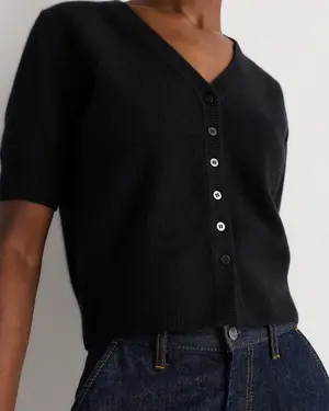 Quince Cashmere Short Sleeve Cardigan Sweater - Black
