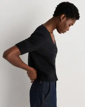 Quince Cashmere Short Sleeve Cardigan Sweater - Black