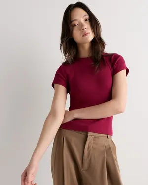 Quince Organic Cotton Micro-rib Crewneck T-shirt - Mulberry Red