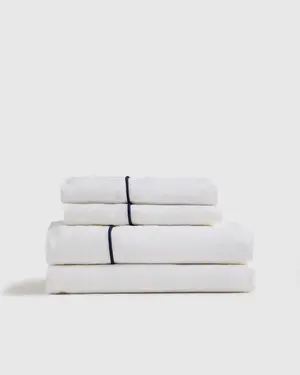 Quince European Linen Piped Sheet Set - White/navy