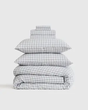 Quince European Linen Gingham Deluxe Bedding Bundle Blue Fog