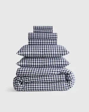 Quince European Linen Gingham Deluxe Bedding Bundle - Navy