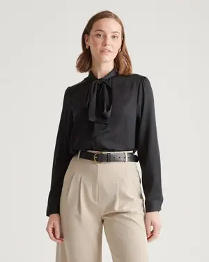 Quince Washable Stretch Silk Tie Neck Blouse - Black