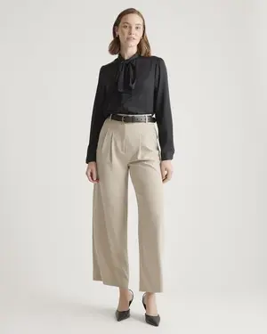 Quince Washable Stretch Silk Tie Neck Blouse - Black