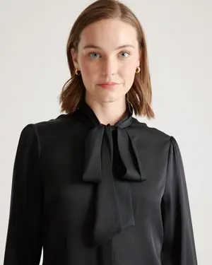 Quince Washable Stretch Silk Tie Neck Blouse - Black
