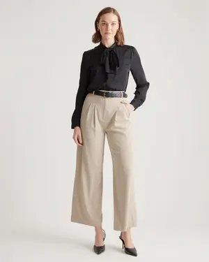 Quince Washable Stretch Silk Tie Neck Blouse - Black