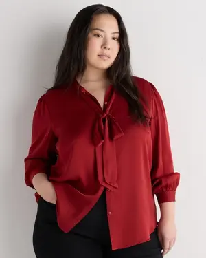 Quince Washable Stretch Silk Tie Neck Blouse - Clay Red