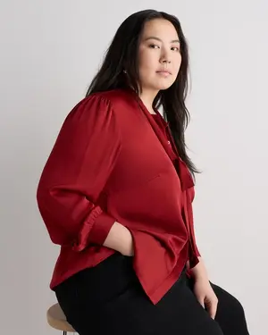 Quince Washable Stretch Silk Tie Neck Blouse - Clay Red