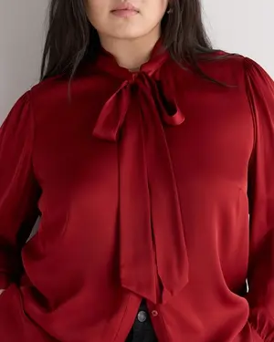 Quince Washable Stretch Silk Tie Neck Blouse - Clay Red