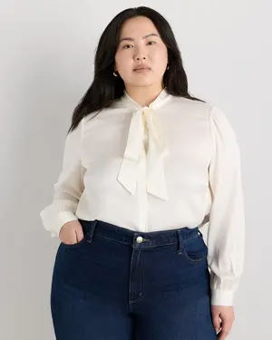 Quince Washable Stretch Silk Tie Neck Blouse - Ivory