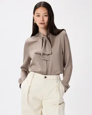 Quince QUINCE Washable Stretch Silk Tie Neck Blouse Morel Grey