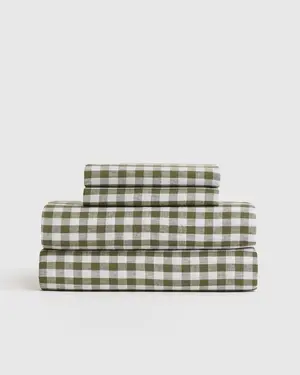 Quince European Linen Gingham Sheet Set Olive