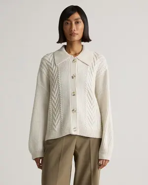 Quince Australian Merino Wool Collared Cable Cardigan - Heather Bone