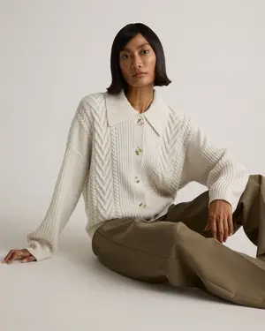 Quince Australian Merino Wool Collared Cable Cardigan - Heather Bone