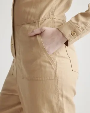 Quince Cotton Linen Twill Long Sleeve Coverall Jumpsuit - Camel