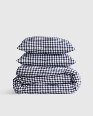 Quince European Linen Gingham Duvet Cover Set - Navy
