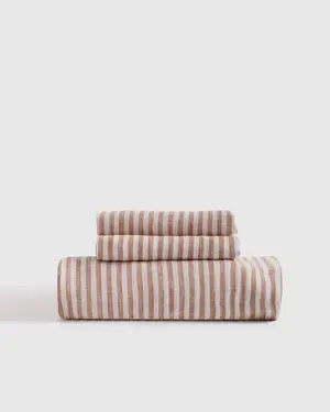 Quince European Linen Fitted Sheet Set Terracotta/white Stripe