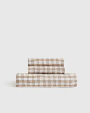 Quince European Linen Gingham Fitted Sheet Set - Cafe