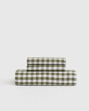 Quince European Linen Gingham Fitted Sheet Set - Olive