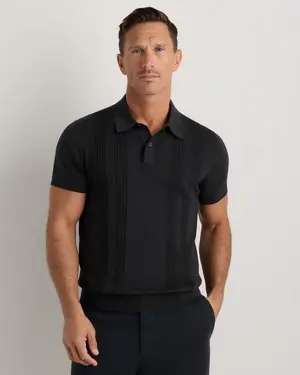 Quince Cotton-silk Ribbed Short Sleeve Sweater Polo - Black