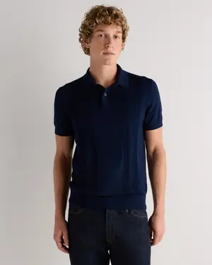 Quince Cotton-silk Ribbed Short Sleeve Sweater Polo - Navy