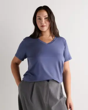 Quince Cotton Modal V Neck T-shirt - Storm Blue