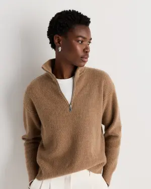 Quince Mongolian Cashmere Fisherman Quarter Zip Sweater - Teak