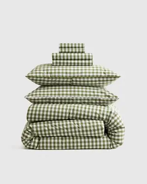 Quince Organic Crisp Percale Deluxe Bedding Bundle Olive Gingham