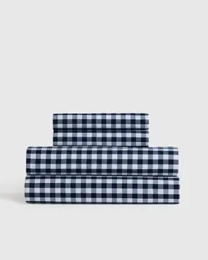 Quince Organic Crisp Percale Sheet Set - Navy Gingham