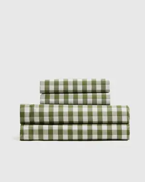 Quince Organic Crisp Percale Sheet Set - Olive Gingham