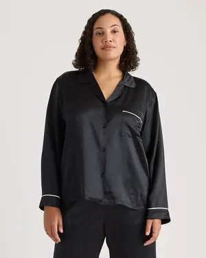 Quince Satin Pajama Long Sleeve Top - Black