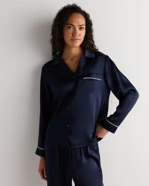 Quince Satin Pajama Long Sleeve Top - Deep Navy